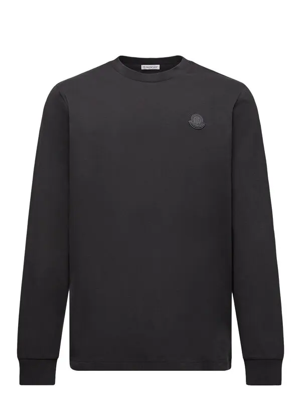 Moncler Leather Logo Long Sleeve Cotton T-shirt - Black