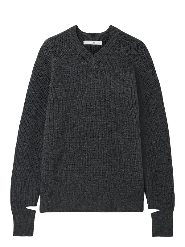 Tibi Cutout Ribbed Wool-blend Sweater - Gray