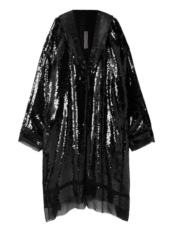 Rick Owens Hooded Tulle-trimmed Sequined Kaftan - Black