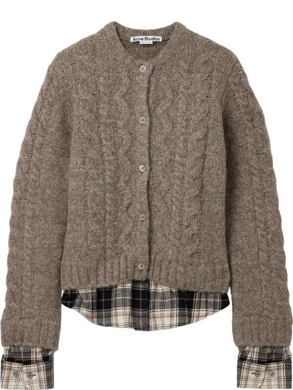 Acne Studios Layered Cable-knit And Checked Cotton-flannel Cardigan - Neutrals