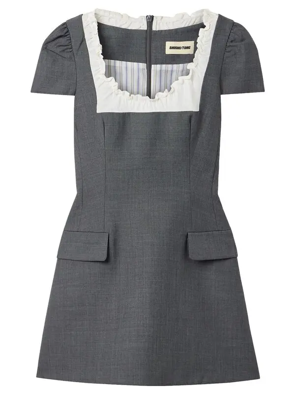 SHUSHU/TONG Ruffled Wool-blend Gauze-trimmed Twill Mini Dress - Gray