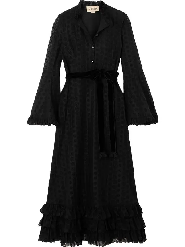 Valentino Garavani Belted Tiered Broderie Anglaise Cotton Midi Dress - Black