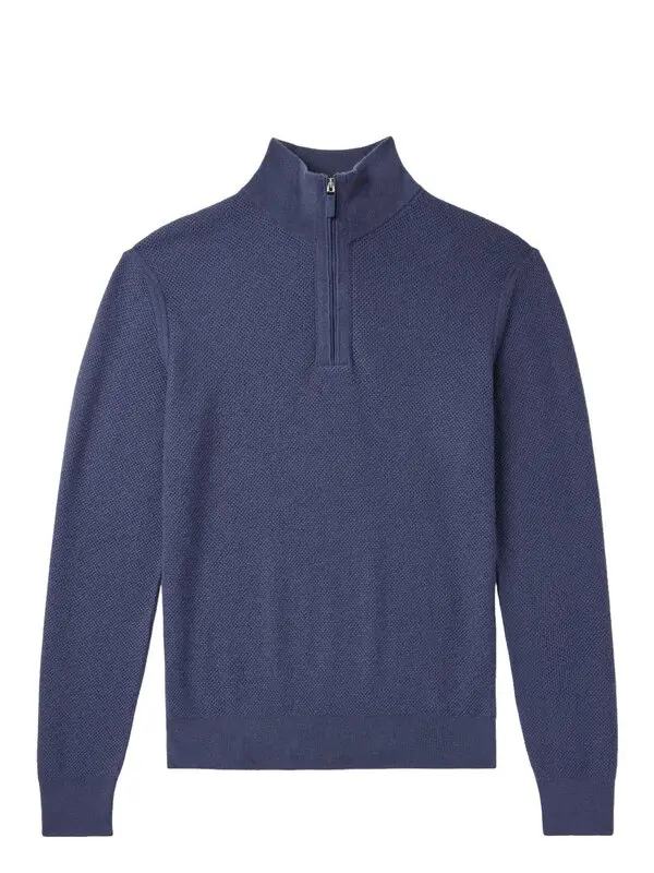 Zegna Oasi Leather-trimmed Cashmere Half-zip Sweater - Blue