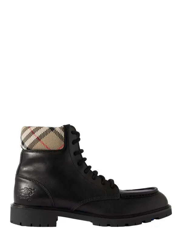 Burberry Checked Canvas-trimmed Leather Combat Boots - Black
