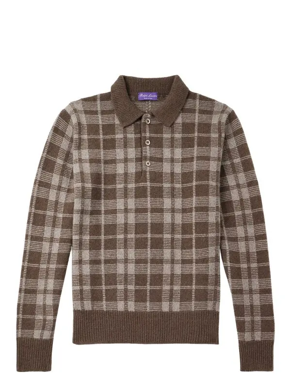Ralph Lauren Purple Label Checked Brushed Cashmere Polo Shirt - Brown