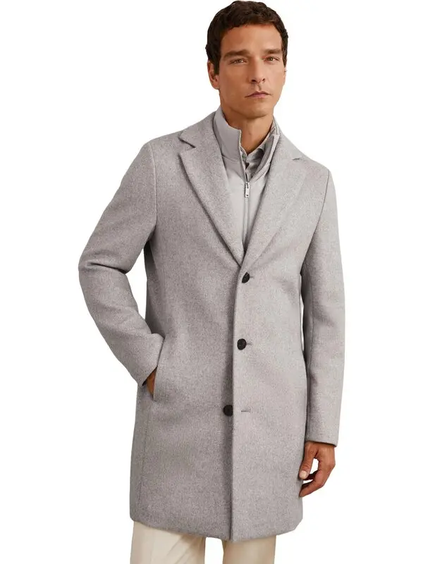 REISS Wool-blend Overcoat With Internal Gilet - Soft Grey