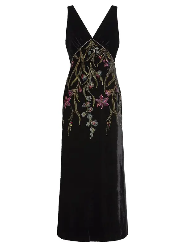 Loretta Caponi Velvet Embroidered Zaffira Maxi Dress - Black