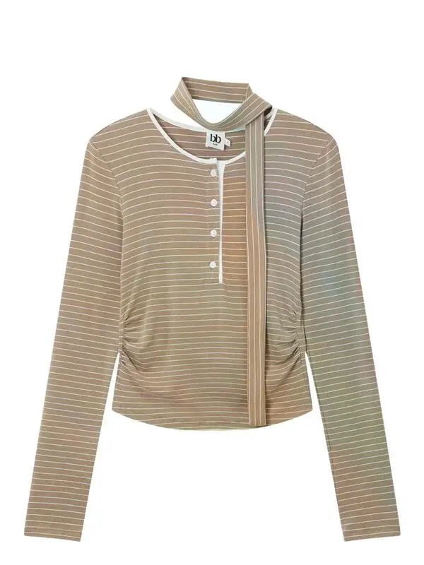 B+AB Striped Tie-neck Shirt - Brown