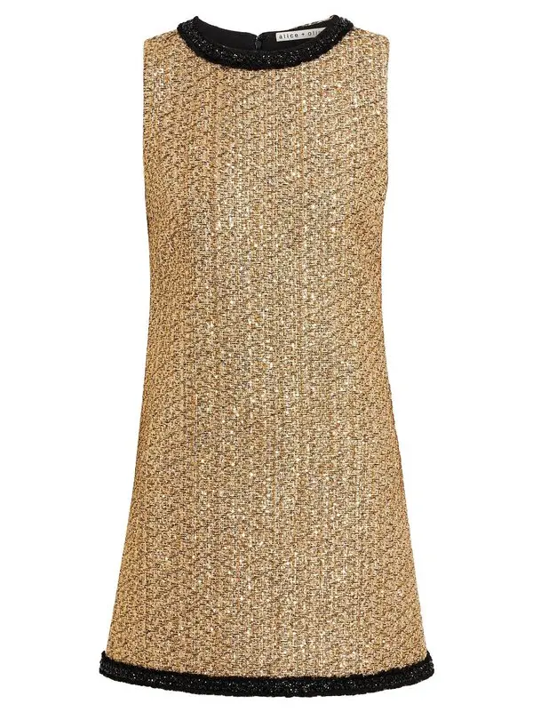 Alice + Olivia Embellished Metallic Tweed Mini Dress - Gold