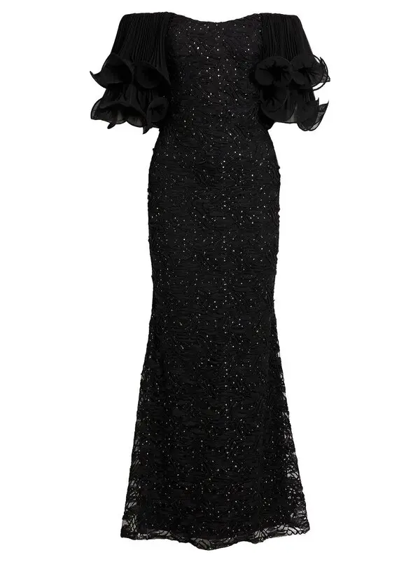 Badgley Mischka Off-the-shoulder Embroidered Fil Coupé Gown - Black