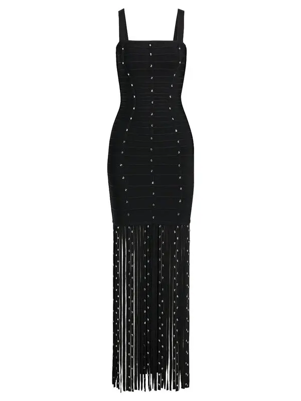 Herve Leger Laurel Crystal-embellished Fringed Bandage Gown - Black
