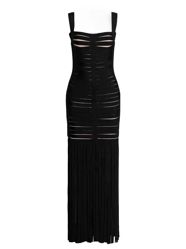 Herve Leger Alessandra Fringed Bandage Gown - Black
