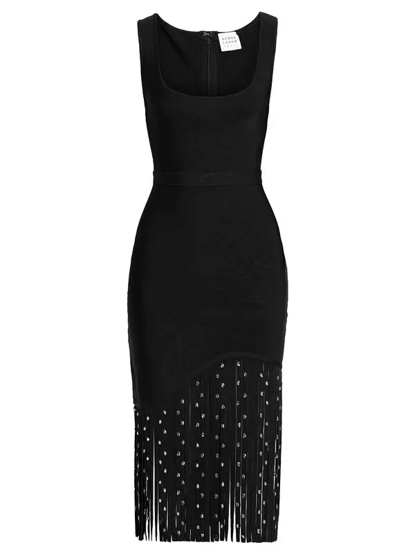 Herve Leger Reagan Crystal-embellished Fringed Bandage Midi Dress - Black