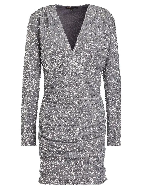 Maje Ruched Sequined Velvet Mini Dress - Silver