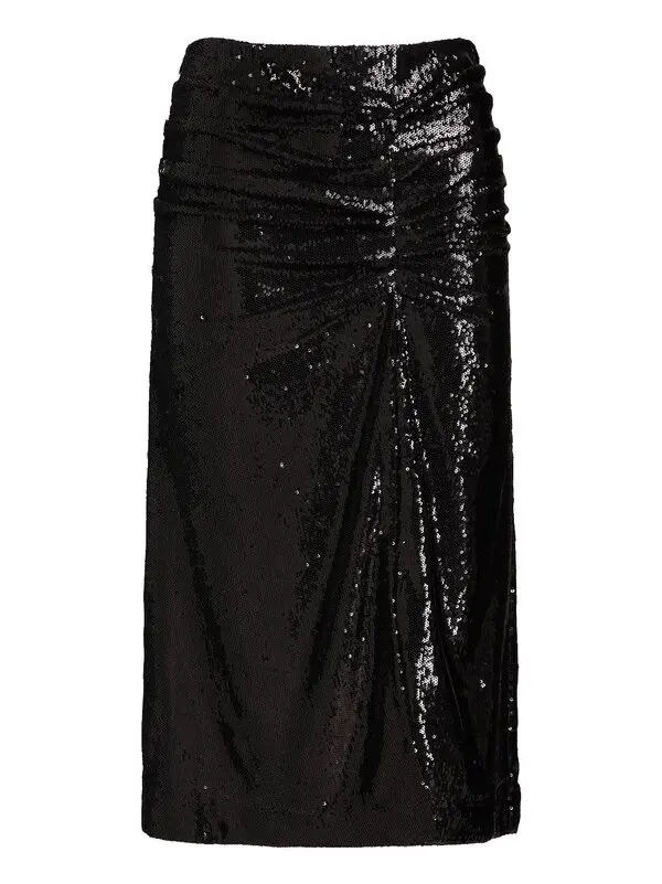 Maje Ruched Sequined Knitted Midi Skirt - Black
