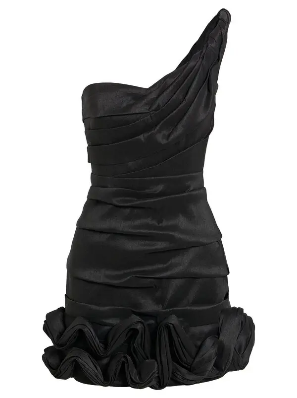 Rachel Gilbert One-shoulder Ruffled Shantung Mini Dress - Black