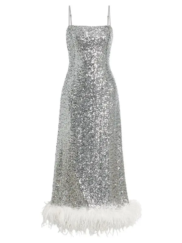 HVN Cora Feather-trimmed Sequined Tulle Maxi Dress - Silver