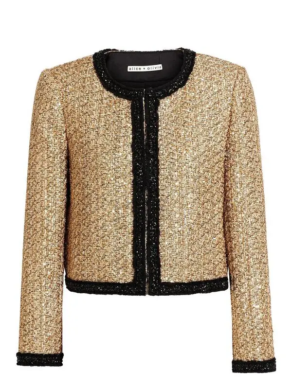 Alice + Olivia Landon Embellished Metallic Tweed Jacket - Gold
