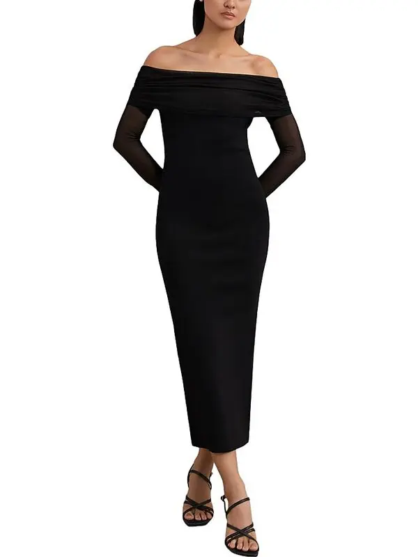 REISS Angelica Sheer Sleeve Midi Dress - Black