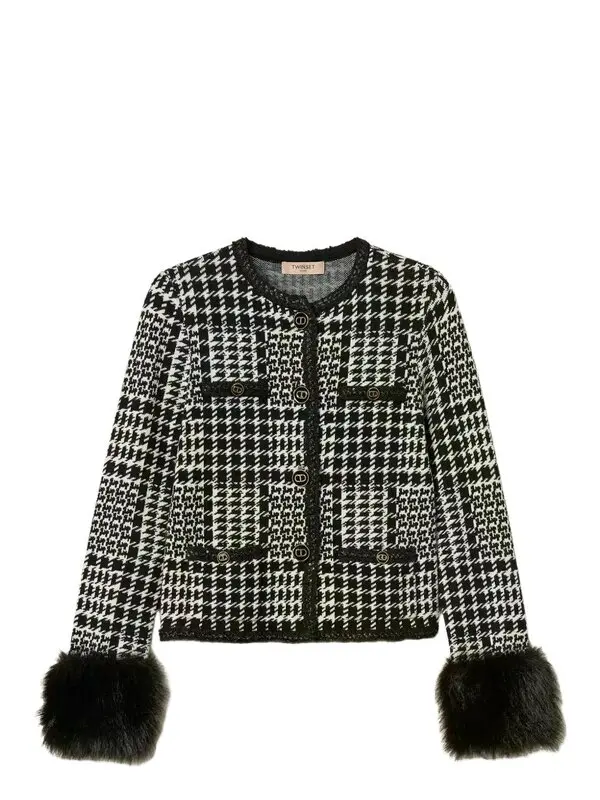 TWINSET Checked Knit Jacket With Faux Fur Trim - Black