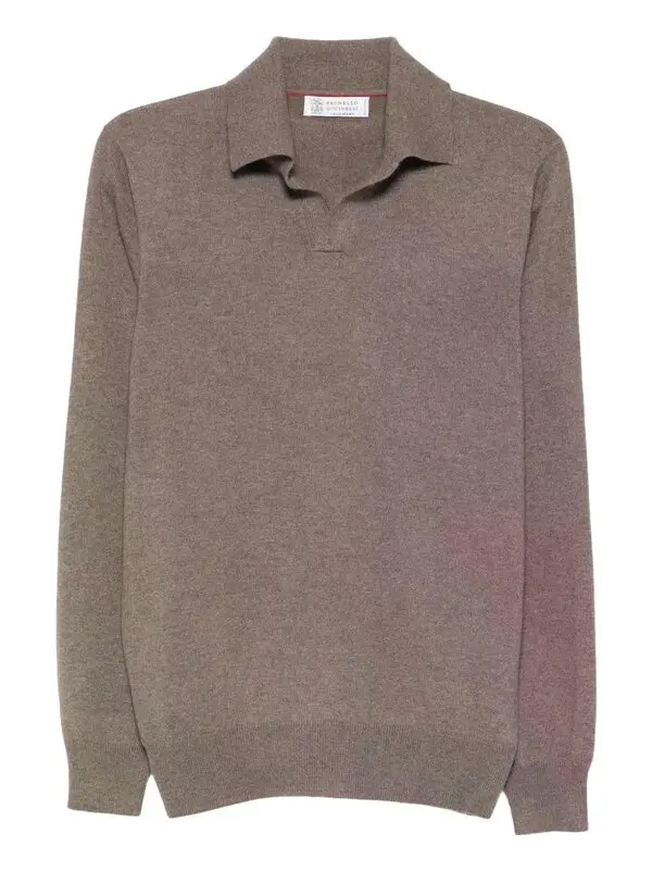 Brunello Cucinelli V-neck Long Sleeve Polo Sweater - Brown
