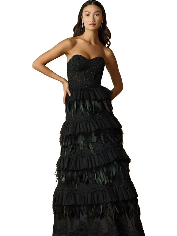 MAC DUGGAL COLLECTION Strapless Sweetheart Lace Feather Ball Gown - Black