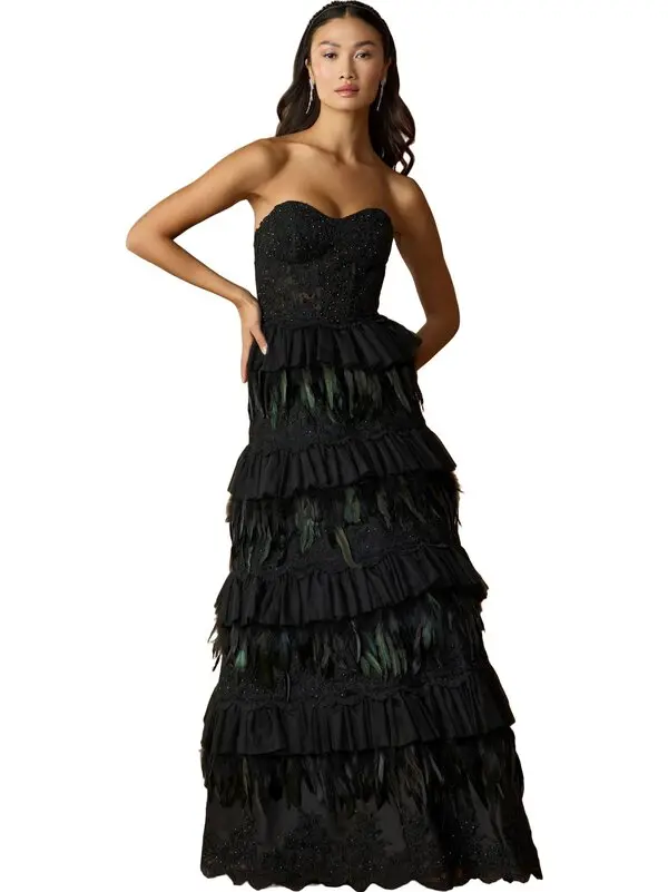 MAC DUGGAL COLLECTION Strapless Sweetheart Lace Feather Ball Gown - Black