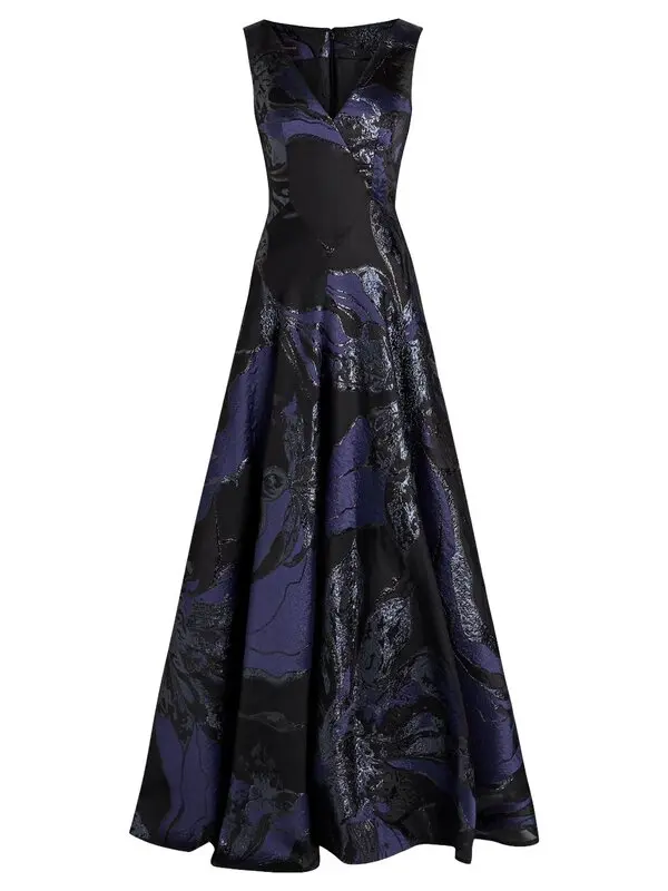 Talbot Runhof Floral-jacquard Woven Gown - Navy
