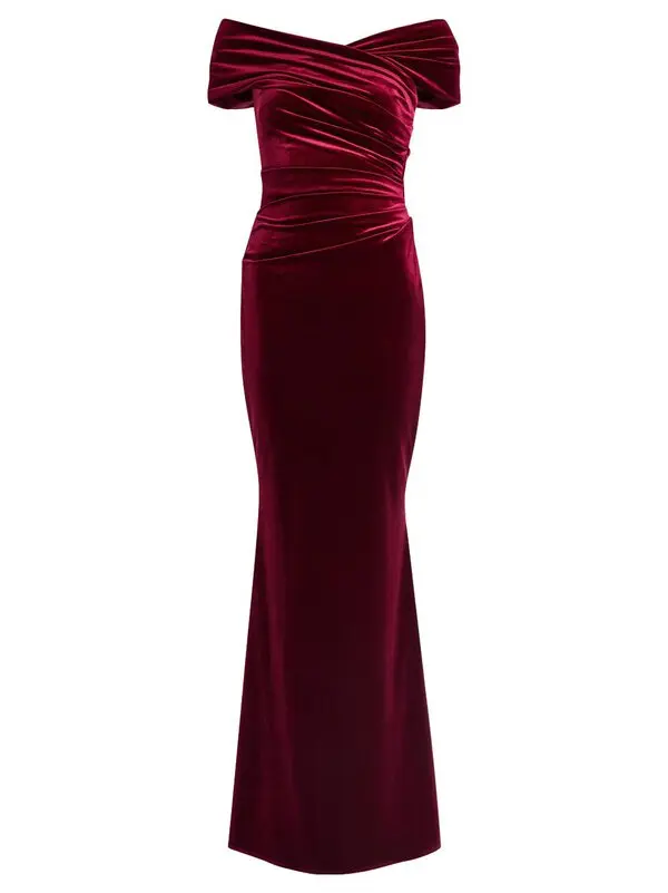 Talbot Runhof Ruched Velvet Gown - Burgundy