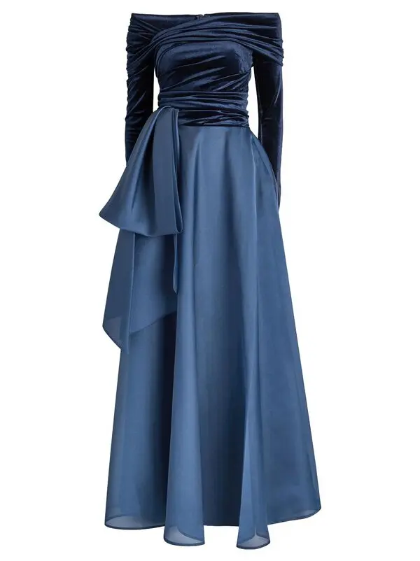 Talbot Runhof Draped Velvet And Organza Gown - Navy