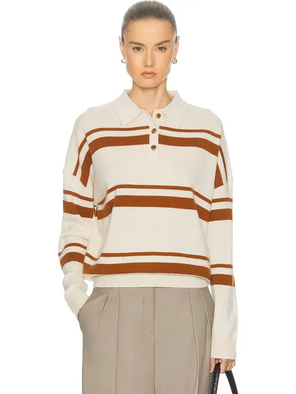 Renggli Cashmere Striped Polo Top - Eggshell & Saffron