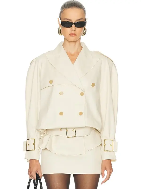 ROWEN ROSE Faux Leather Belted Jacket - Beige Gabardine