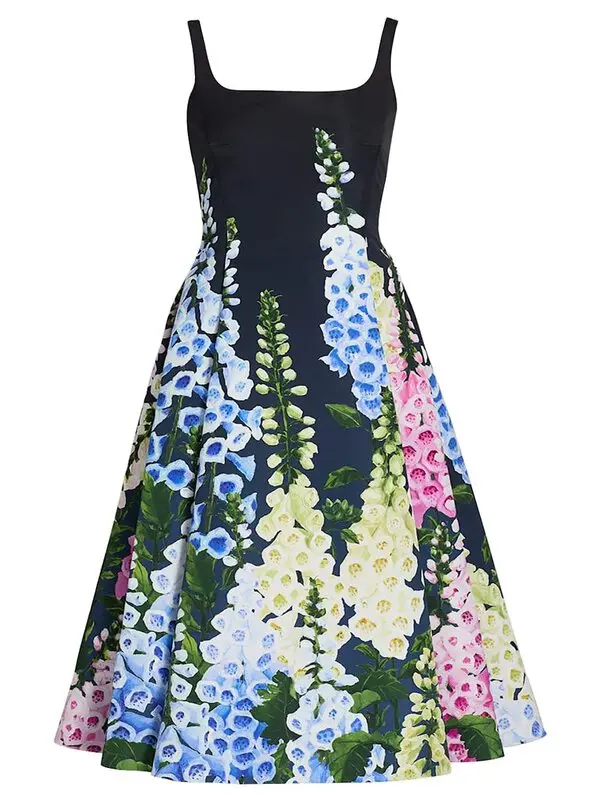 Oscar De La Renta Printed Faille Midi Cocktail Dress - Navy Multi