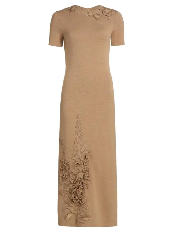 Oscar De La Renta Foxglove Embroidered Knit Maxi Dress - Brown