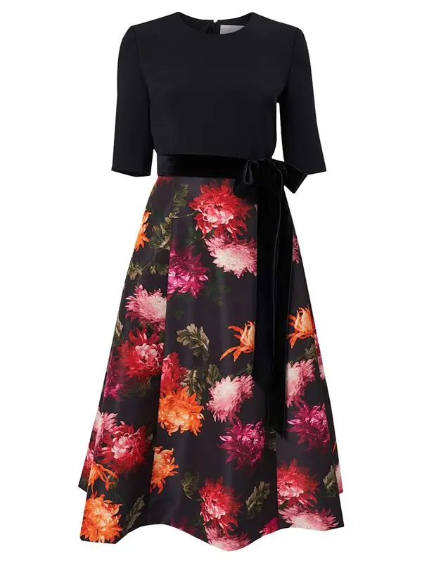 Carolina Herrera Floral Elbow-sleeve Bow Midi Dress - Black Multi