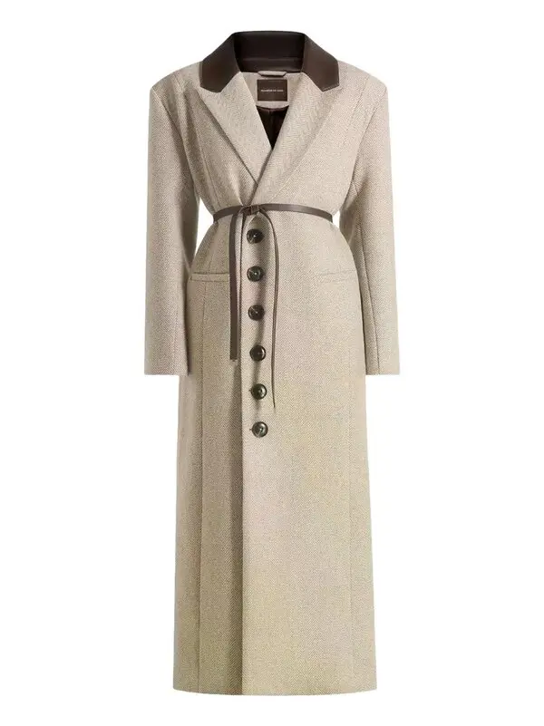 Manière De Voir Oversized Herringbone Wool Coat With Leather Collar And Belt - Neutrals