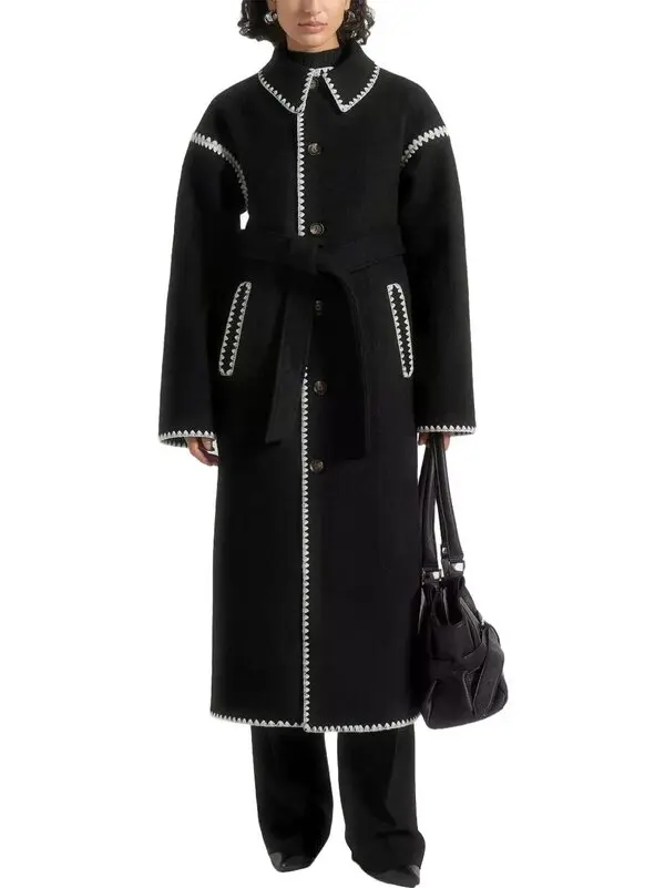 Manière De Voir Elora Blanket-stitch Belted Coat - Black