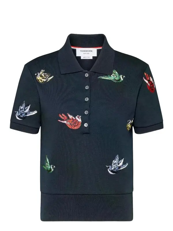 Thom Browne Satin-stitch Bird-embroidery Polo Top - Blue