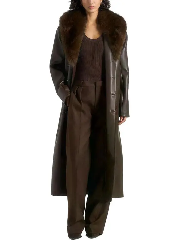 Manière De Voir Faux-leather Belted Coat With Faux-fur Collar - Brown