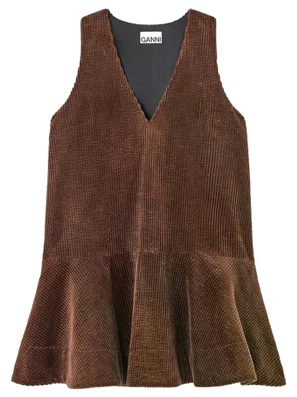 GANNI V-neck Corduroy Mini Dress - Brown