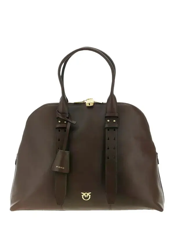 Pinko Escape Love Birds Logo Leather Bowling Maxi Tote Bag - Brown