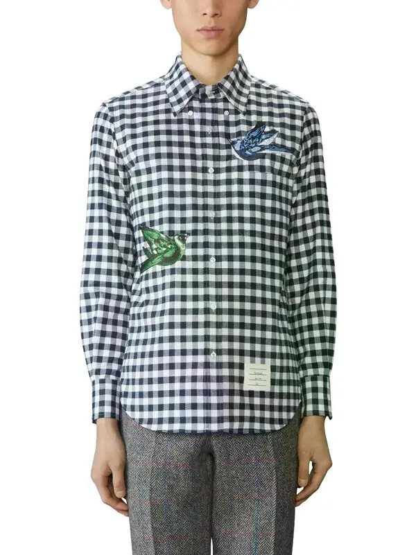 Thom Browne Birds-detail Gingham-check Flannel Satin-stitch Shirt - Blue