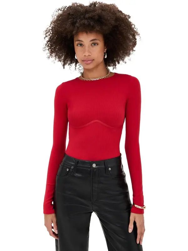 Fleur Du Mal Hourglass Ribbed Long-sleeve Thong Bodysuit - Rouge