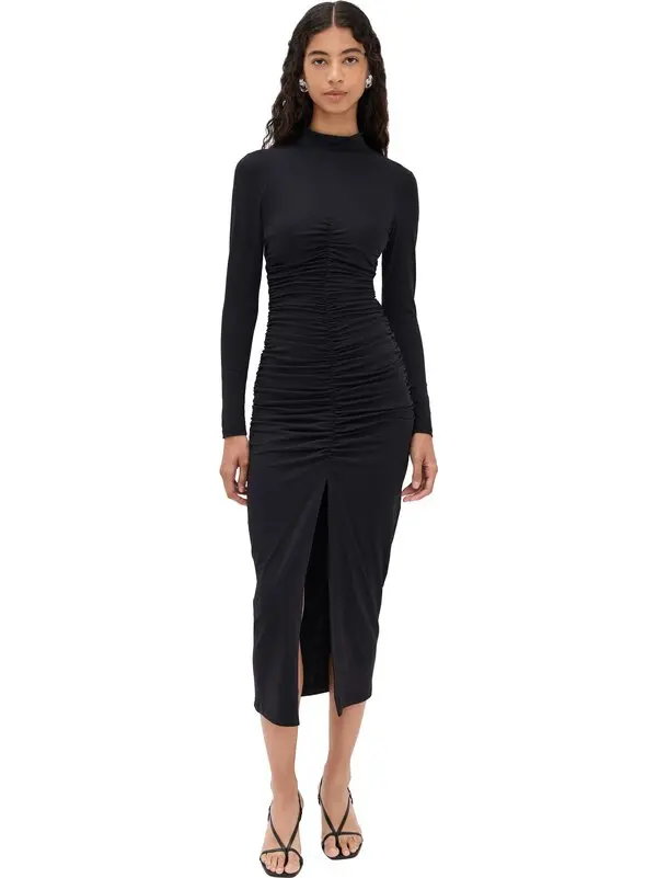 Susana Monaco Mock Neck Gathered Front Long Sleeve Dress - Black