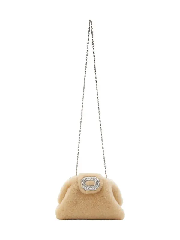 Amina Muaddi Camelia Shearling Clutch - Neutral