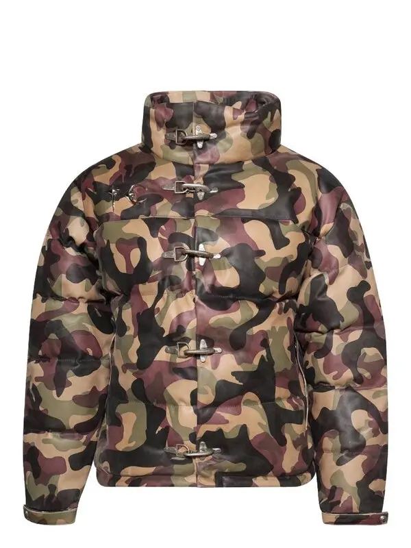 THUG CLUB Camo Leather Puffer Jacket - Beige