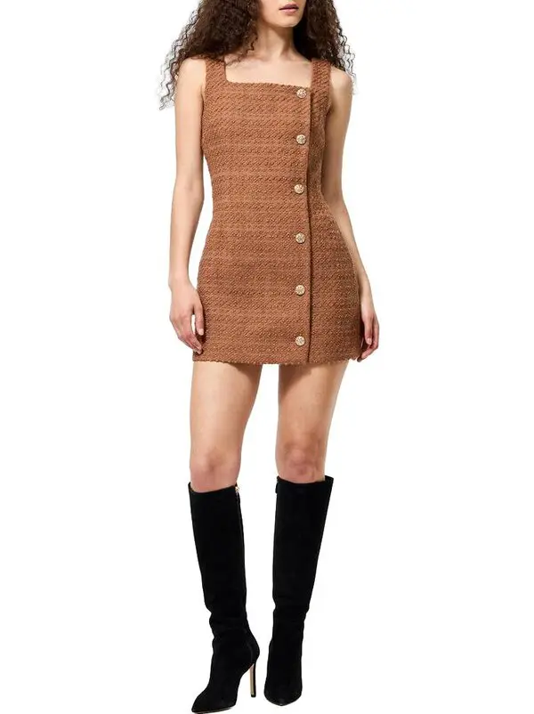 French Connection Structured Tweed Square Neck Mini Dress - Cafe Brown