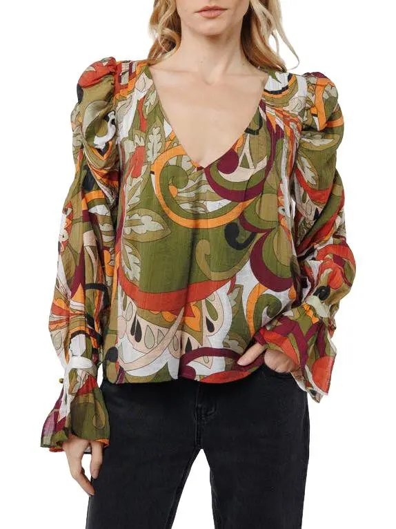 CIEBON Kysandra Abstract Print V-neck Top - Green Multi
