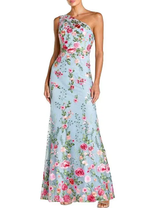 Mac Duggal Lace Embroidered One-shoulder Gown - Powder Blue Multi