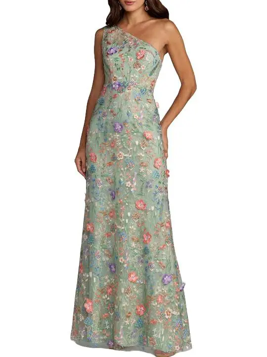 Mac Duggal One Shoulder Floral Embroidered Gown - Sage Multi